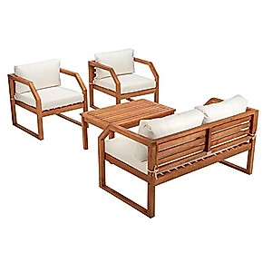 Safavieh PAT7067A Outdoor DREN Natural Brown 4-Piece Beige Seat Cushions Included Patio Set