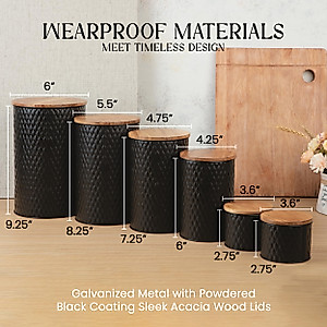 Alasitas 6 Canister Set for the Kitchen Countertop – Galvanized Metal Food Storage Canisters with Airtight Lids for Flour, Tea, Crafts, Coffee, & Sugar – Container Set with Modern Wood Lids, Black