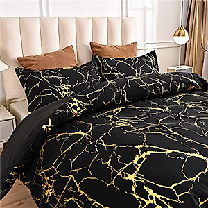 Holawakaka Black Gold Metallic Marble Duvet Cover Set Queen Size Foil Print Glitter Bedding Set (Black Queen, No Comforter)