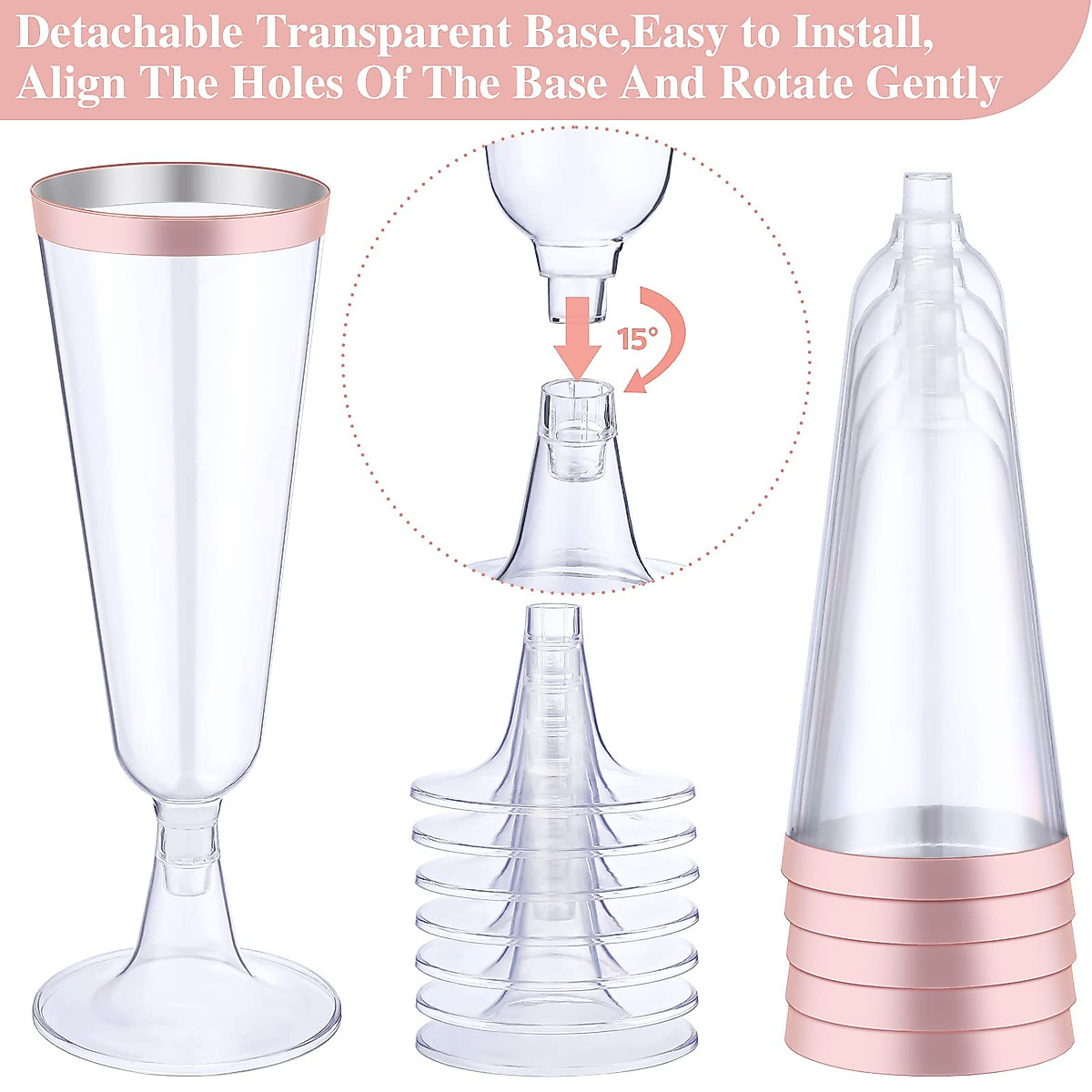 Thenshop 50 Pack Rose Gold Plastic Champagne Flutes 5.5 oz Elegant Clear Disposable Champagne Glasses Detachable Hard Toasting Glasses for Wedding Party Fancy Vino Cocktail Cups