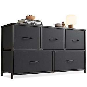 Cubiker Dresser Storage Organizer, 5 Drawer Dresser Tower Unit for Bedroom Hallway Entryway Closets, Small Dresser Clothes Storage with Wide Sturdy Steel Frame Wood Top, Black Grey