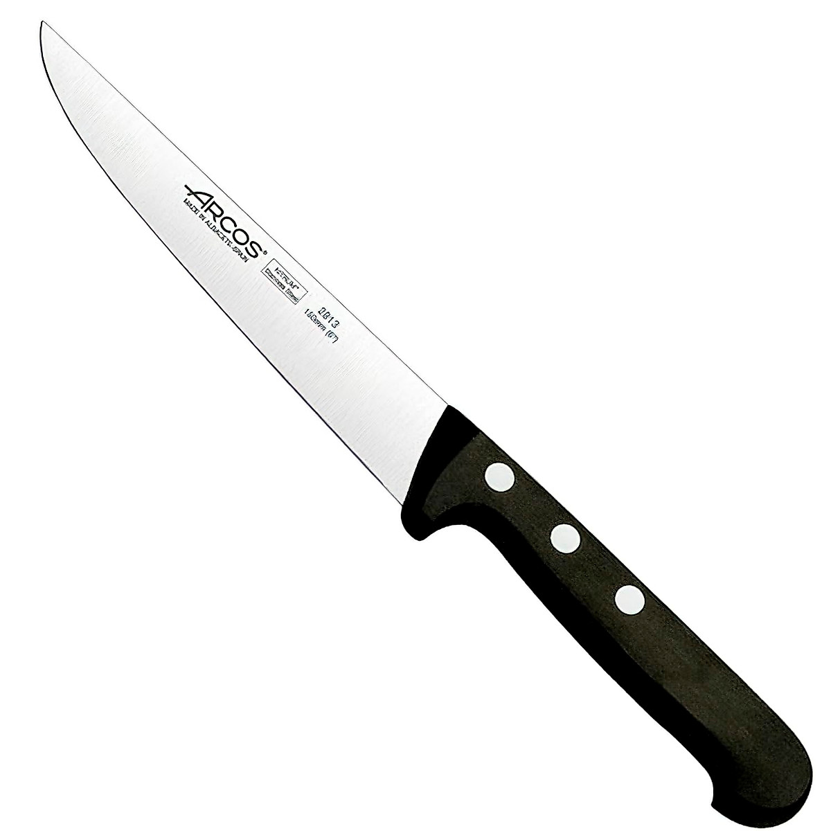 Arcos Kitchen Knife 6 Inch Nitrum Stainless Steel and 150 mm blade. Professional Utilty Knife. Ergonomic Polyoxymethylene POM Handle. Series Universal. Color Black