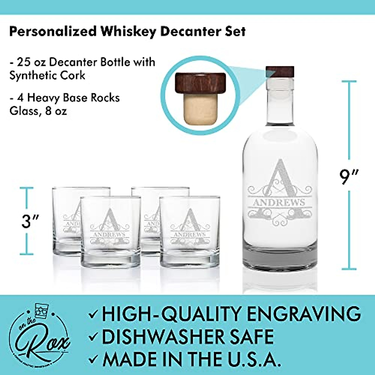 Personalized Whiskey Decanter Set for Men - Custom 5PC Monogram Whiskey Decanter and Glass Set - Scotch, Liquor Cups for Dad - Customized Bourbon Decanter Set with Glasses by On The Rox Drinks