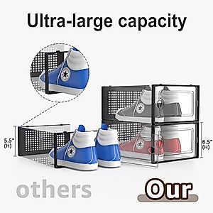 Potahouse Shoe Storage Organizer, 12 Pack X-Large Clear Plastic Stackable Shoe Boxes with Lids, Fit Size 11-12, Sneaker Containers Bins Space Saving for Entryway Closet Floor, Black