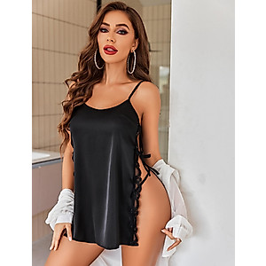 Avidlove Women Babydoll For Women Satin Nightwear Lace Chemise Sexy Nightgown (L, Black)