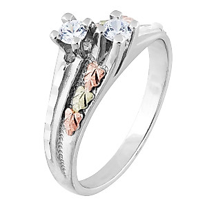 2 Stone CZ Ring, Sterling Silver, 12k Green and Rose Gold Black Hills Gold Motif, Size 6