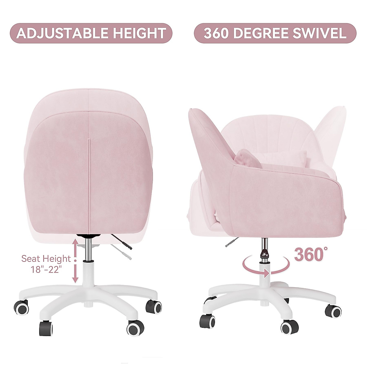 Nalupatio Home Office Chair,Swivel Height Adjustable Upholstered Velvet Computer Task Chair, Vanity Makeup Chair with Wheel&Pillow,Mid-Back Modern Accent Chair for Bedroom Reading Room,Light Pink