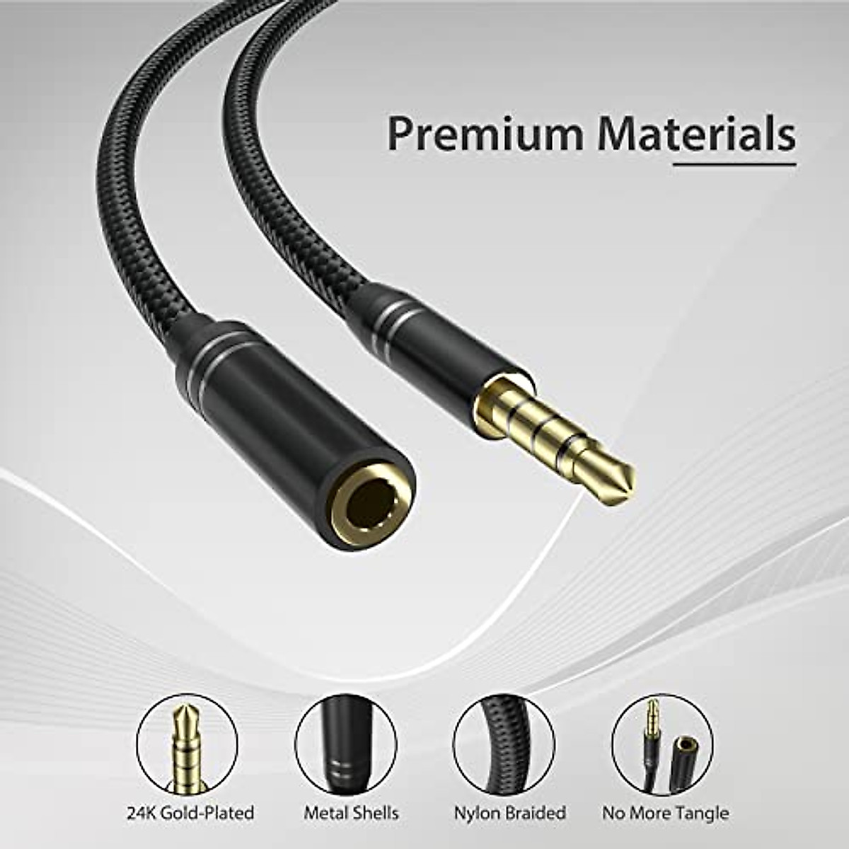 Jeselry 3.5mm Headphone Extension Cable (4Ft/1.2M), 4 Pole Hi-Fi Sound Audio Cable, Nylon Braided Male to Female AUX Cord, Auxiliary Stereo Extender for All 3.5 mm Enabled Devices (2 Pack - Black)