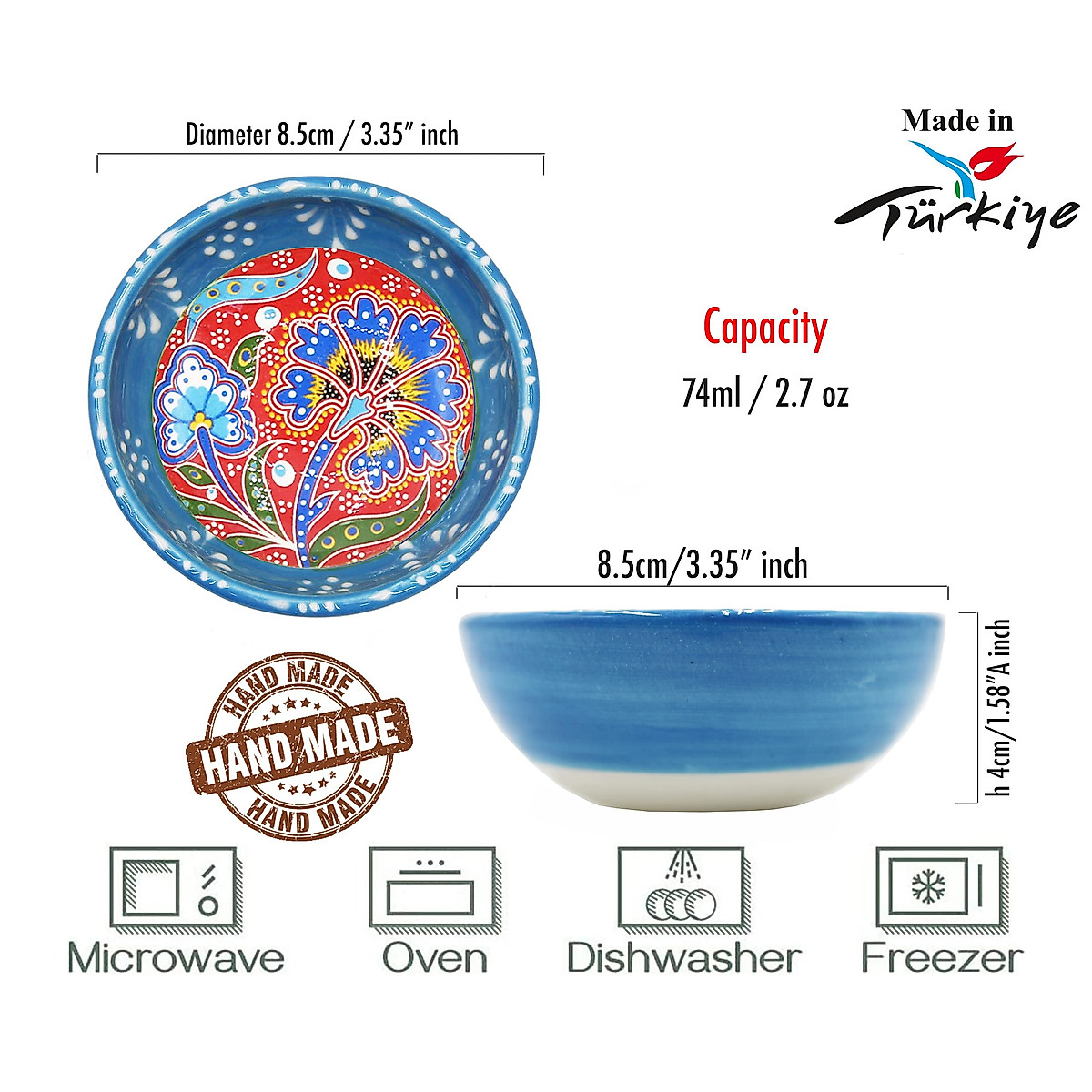Küchengeräte 6 pcs Hand Painted Turkish Ceramic Snack Bowls 3.35''/8.5cm-74ml/2.5 oz Decorative Ottoman Tulips Design Multi-Purpose Cute Set - Pinch Sauce Dipping Finger Small Serving Bowls