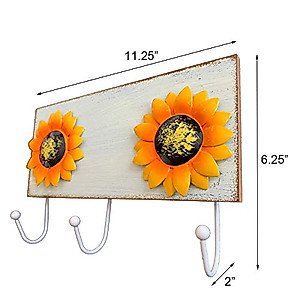 Rustic Wooden Sunflower Wall Hook Keys Aprons Towel Hanger Kitchen Wall Decor Flower Wall Holder Countryside Farmhouse Wall Decoration for Home Kitchen Entryway Office-(White)
