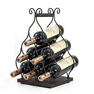 SODUKU Countertop Wine Rack 6 Wine Bottles Holder Rustic Metal Wood Wine Storage Rack for Kitchen Table Bar