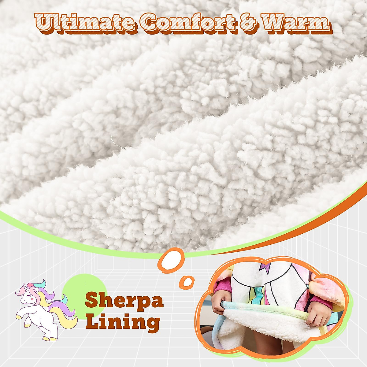 MIZZEO Kids Wearable Blanket Hoodie, Oversized Sherpa Wearable Blanket with Hood Pocket and Sleeves for Toddlers, Cute Hoodies 2-6 Year Old Girls Boys Youth Birthday Gifts (Unicorn)