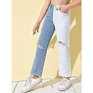 Floerns Girls Colorblock High Waist Ripped Jeans Destroyed Denim Pants White Blue Multi 160