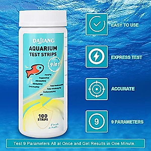 DAJIANG 9 in 1 Aquarium Test Strips,100 Strips Aquarium Testing Kit for Freshwater Saltwater, Pond Test Strips for Fish Tank Testing pH, Iron, Copper, Nitrite, Nitrate, Hardness, More