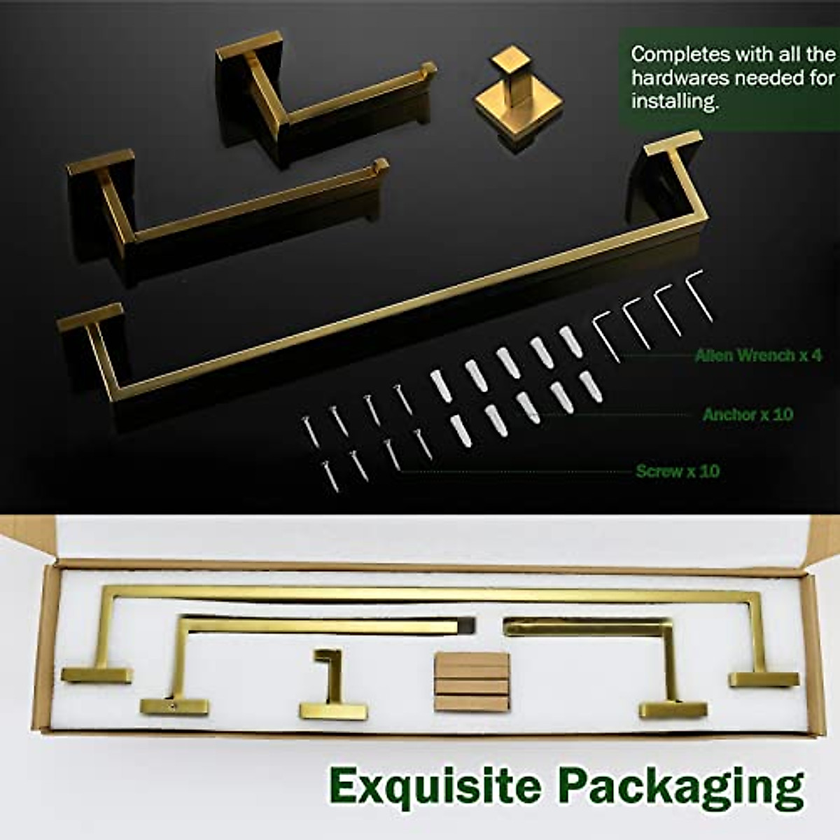 VELIMAX Premium Stainless Steel 4 Pieces Bathroom Hardware Accessories Set Wall Mounted Towel Bar Set, Brushed Gold, 23.6-Inch