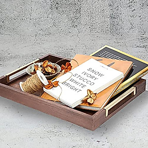 Wooden Coffee Table Serving Tray - Decorative Ottoman Tray for Living Room, Beautiful Home Decor, Perfect for Serving Food or displaying Household Items. Walnut and Gold Brass. by Harry & Melinda.