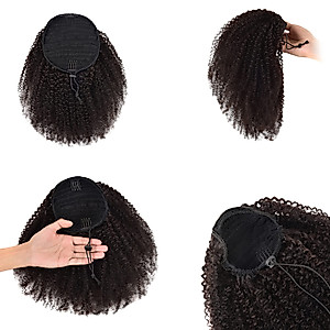Afro Puff Drawstring Ponytail Bun For Black Women 150% Density 10A Brazilian Virgin Human Hair 4C Afro Kinky Curly Clip In Ponytail Extension Human Hair Pieces 120g Natural Color 10 Inch