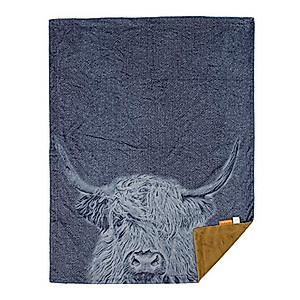 Dear Baby Gear Farm Deluxe Baby Blanket - Reversible Minky, Milestone & Newborn Gifts for Girls and Boys - Highland Cow on Denim Printed Baby Blanket & Khaki Minky Smooth Fabric, 40 x 30 Inches