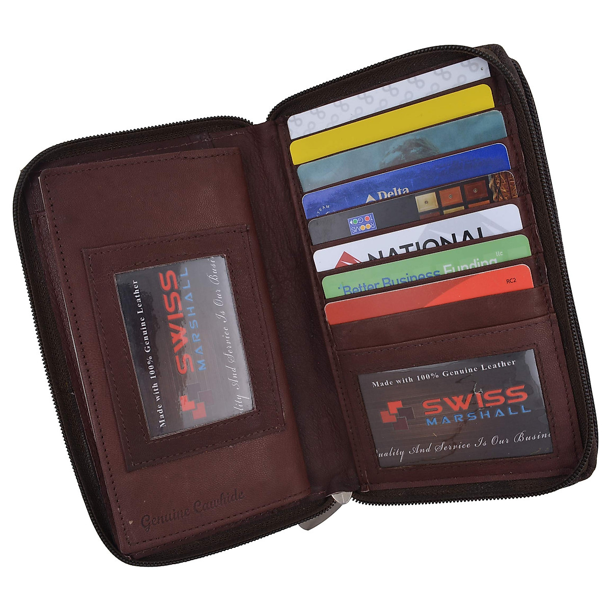 Swiss Marshall Womens Wallet Genuine Leather Double Zip Around Phone Clutch Large Travel Purse Ladies Wallet (Brown)