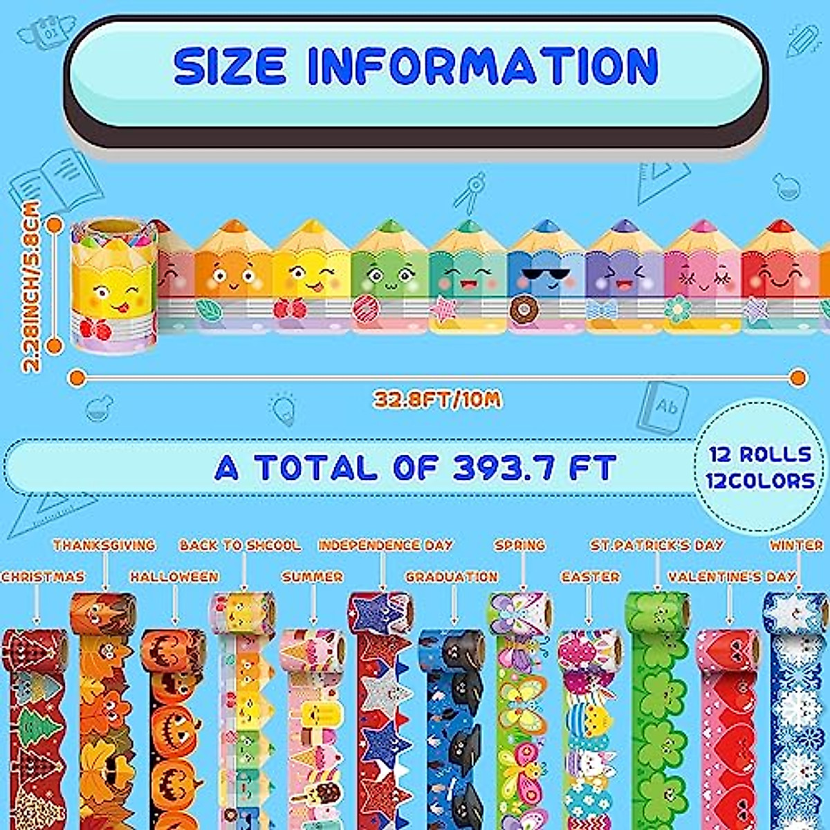 PerKoop 12 Rolls 393.7 ft Christmas Bulletin Board Border Decorative Winter Border Trim Seasonal Holiday Monthly Classroom Blackboard for Spring Summer Fall Winter Halloween School Door Windows