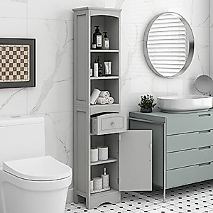 BNSPLY Tall Bathroom Cabinet with Shelves and Drawer, Slim Storage Tower with Adjustable Shelves, Narrow Bathroom Cabinet, Linen Cabinet for Bedroom, Living Room (Grey, 13.4" L x 9" W x 67" H)