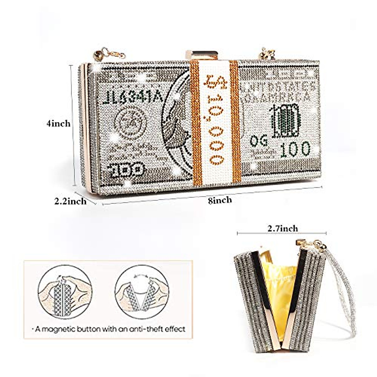 2 Pieces Set Rhinestone US Dollar Money Purse Party Evening Handbags Wedding Dinner Bag, Stack of Cash Clutch Purses,with Crystal Headbands (Grey)