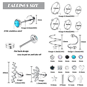 FASACCO Flat Back Cartilage Earrings Silver Surgical Steel Cartilage Hoop Stud Earrings Tragus Helix Piercing Jewelry