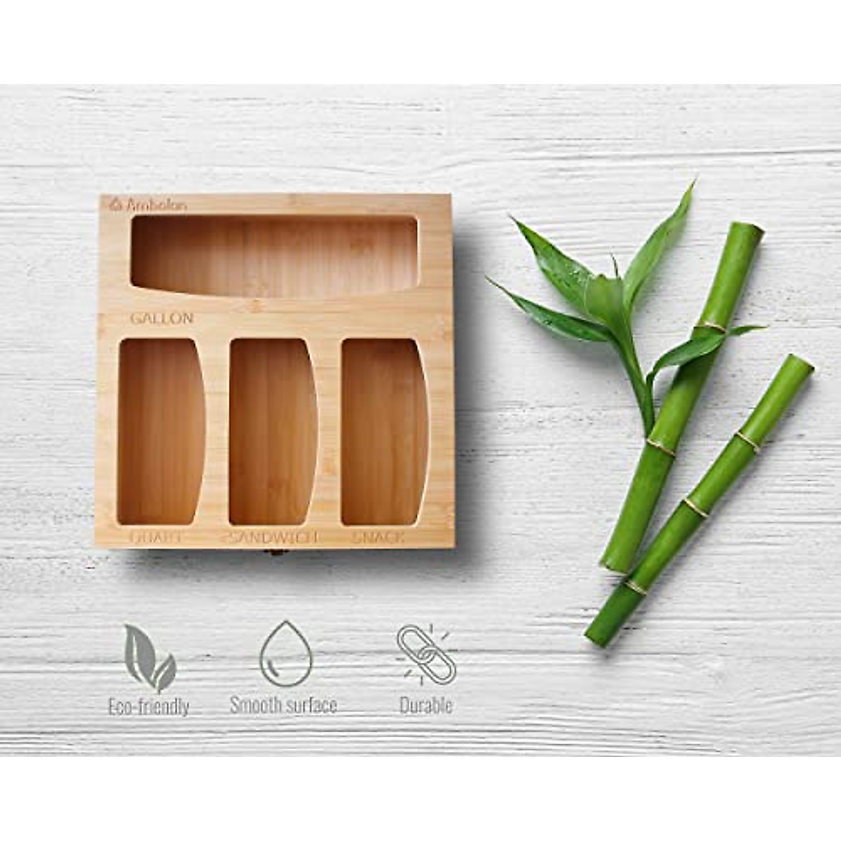 Ambolan Ziplock Bag Storage Organizer, Bamboo Drawer Organizer, Plastic Bag Organizer, Compatible with Ziploc, Solimo for Gallon, Quart, Sandwich, and Snack Variety Size Bags