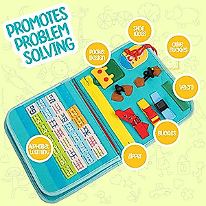 Montessori Busy Board for Toddlers with Buckles, Shoe Laces, Buttons, Zippers, Numbers & More - Sensory Board to Keep Kids Busy During Plane & Car Travel or in Waiting Rooms 001