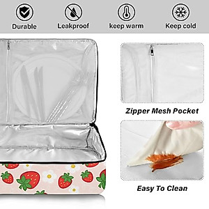 Kcldeci Insulated Thermal Food Carrier Insulated Casserole Carrier for Hot or Cold Food,Flowers and Strawberries on A Pink Insulated Tote Bag for Potluck Cookouts Parties Picnic,Lasagna Lugger
