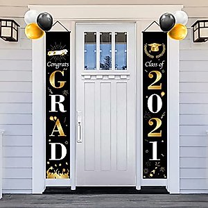 Graduation Decorations-2021,Graduation Decoration Hanging Banner Home Door Porch , Welcome Home Decor Sign,Congrats Graduation Party Supplies Hanging Gold Black And White Banner