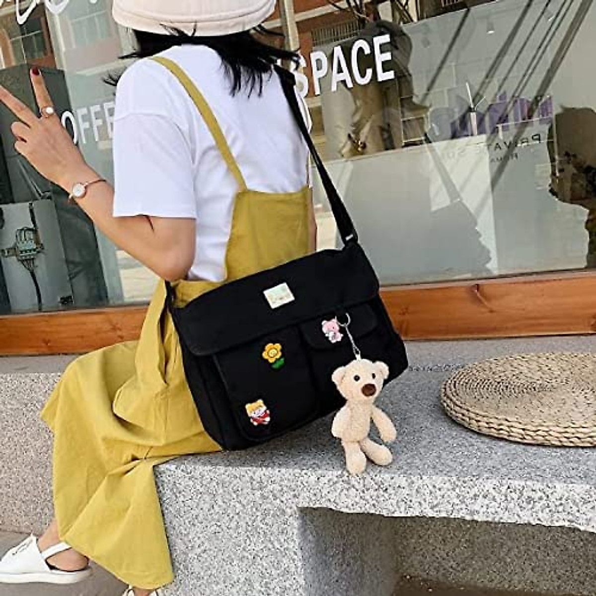 Canvas Crossbody Bag with Kawaii Pins and Pendent,Casual Shoulder Messenger Bag Students Schoolbag for Girls Women