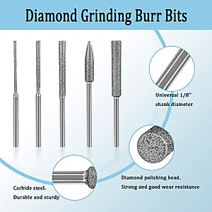 Stone Carving Set Diamond Burr Bits Compatible with Dremel, 11PCS Polishing Kits Rotary Tools Small Long Cone Accessories with 1/8’ Shank For Carving, Engraving, Grinding, Stone, Rocks, Jewelry, Glass