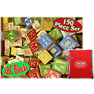 Matty's Toy Stop 150 Piece ABC Stack N' Build Wood Alphabet Blocks Bulk Classroom Set with Exclusive Storage Bag