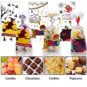 WOONOO 200PCS Halloween Treat Bags Candy Bags for Trick or Treat, 8 Designs Halloween Goodie Bags for Kids Party Supplies, Halloween Cellophane Bags Halloween Party Favor for Kids
