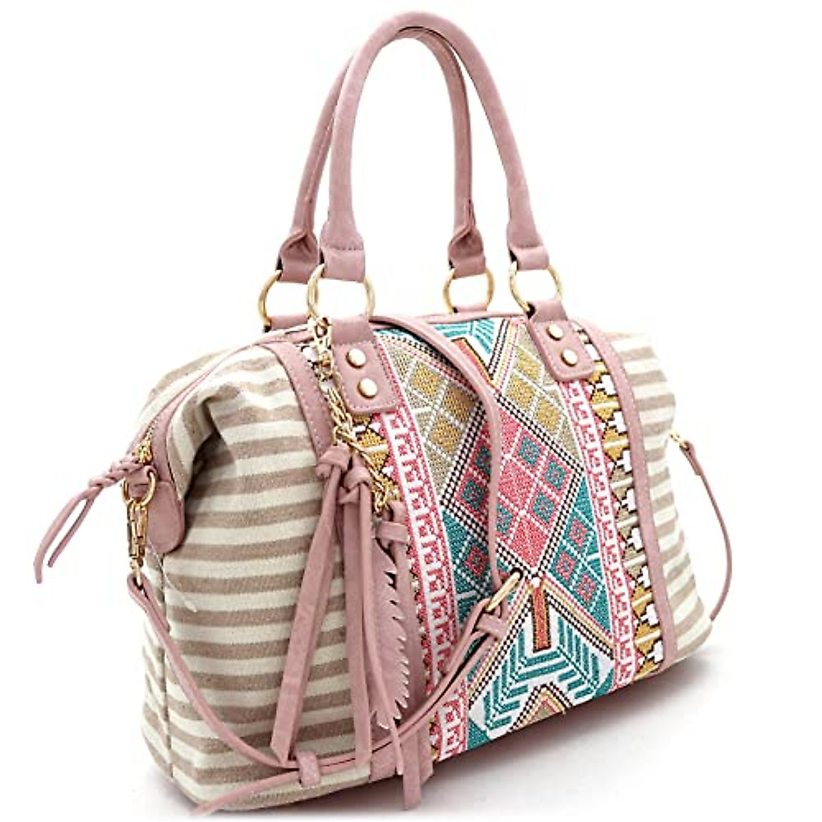 Boho Tassel Leaf Charm Aztec & Stripe Embroidered Canvas Satchel Tote Handbag Purse (Embroidered Satchel - Beige/Blush)