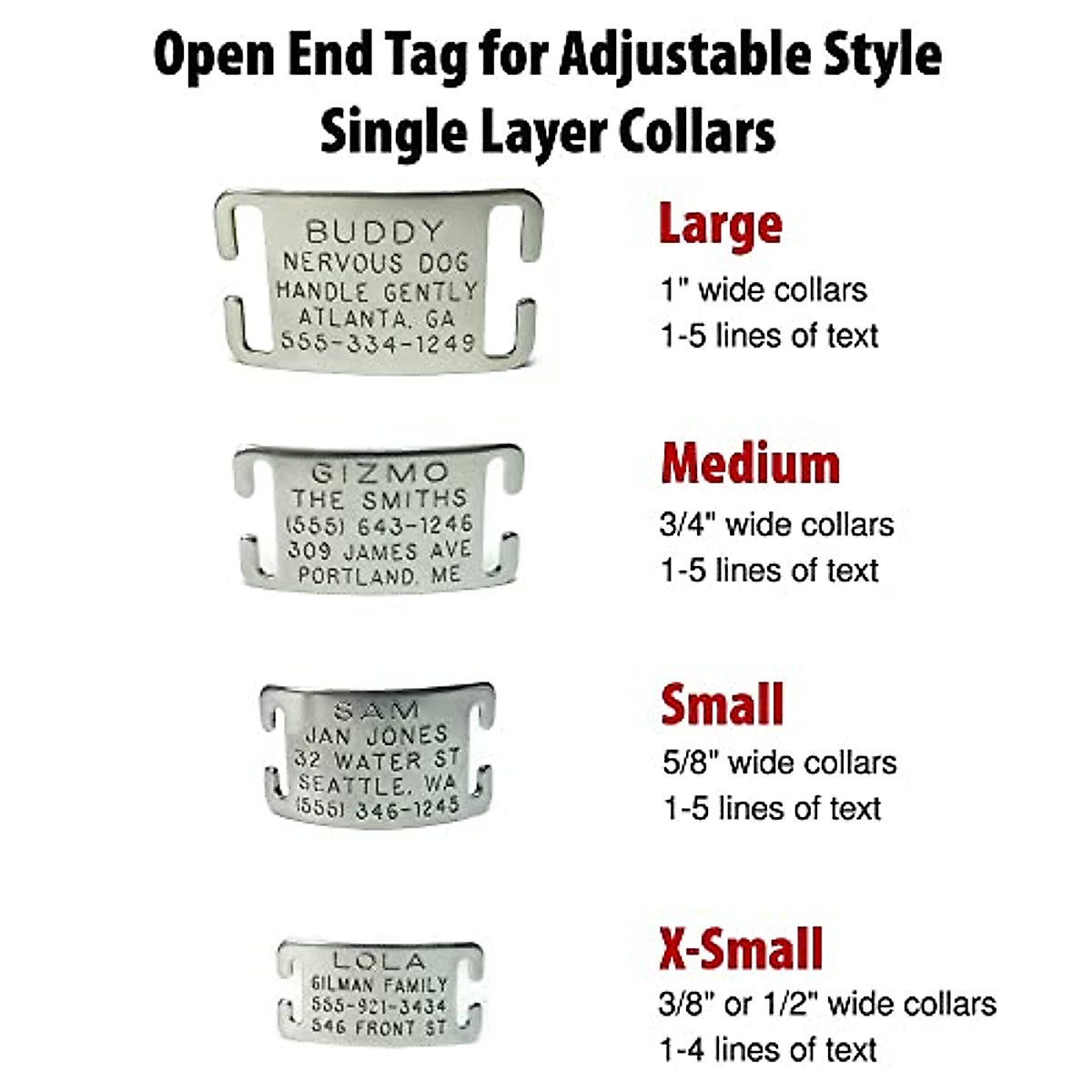 CollarTags Dog Tags Personalized for Pets - Deep Engraved Stainless Steel Lasts Your Pets Lifetime - Boomerang Tags, Dog Name Tag, Durable Custom Silent (Open End Large for 1 Inch Snap Style Collar)
