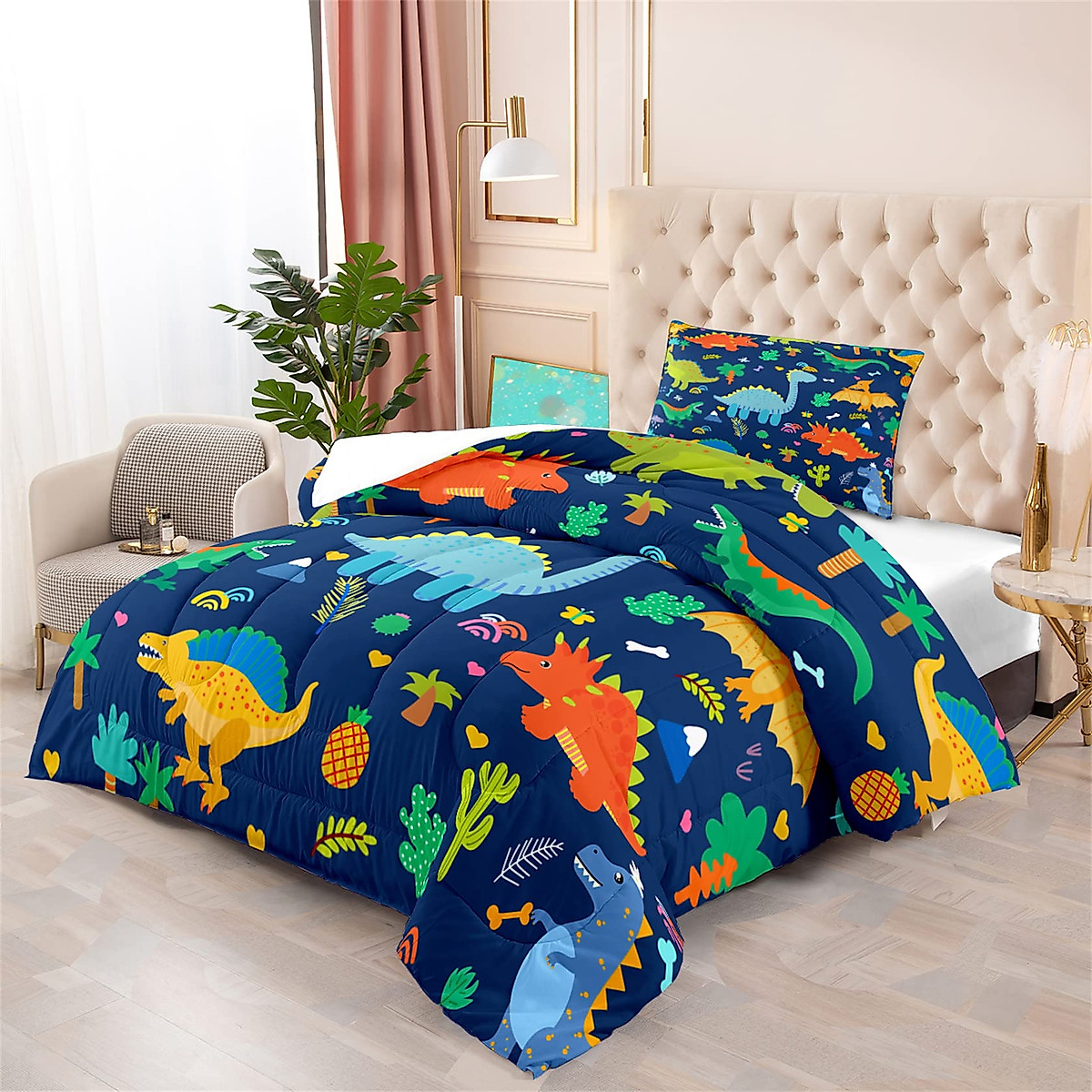 Cartoon Dinosaur Comforter Set for Kids Dark Blue Dinosaur Twin Comforter Set for Boys Dinosaur Kids Bedding Set Soft Breathable Twin Dinosaur Quilt with 1 Pillowcase for All-Season, Twin Size