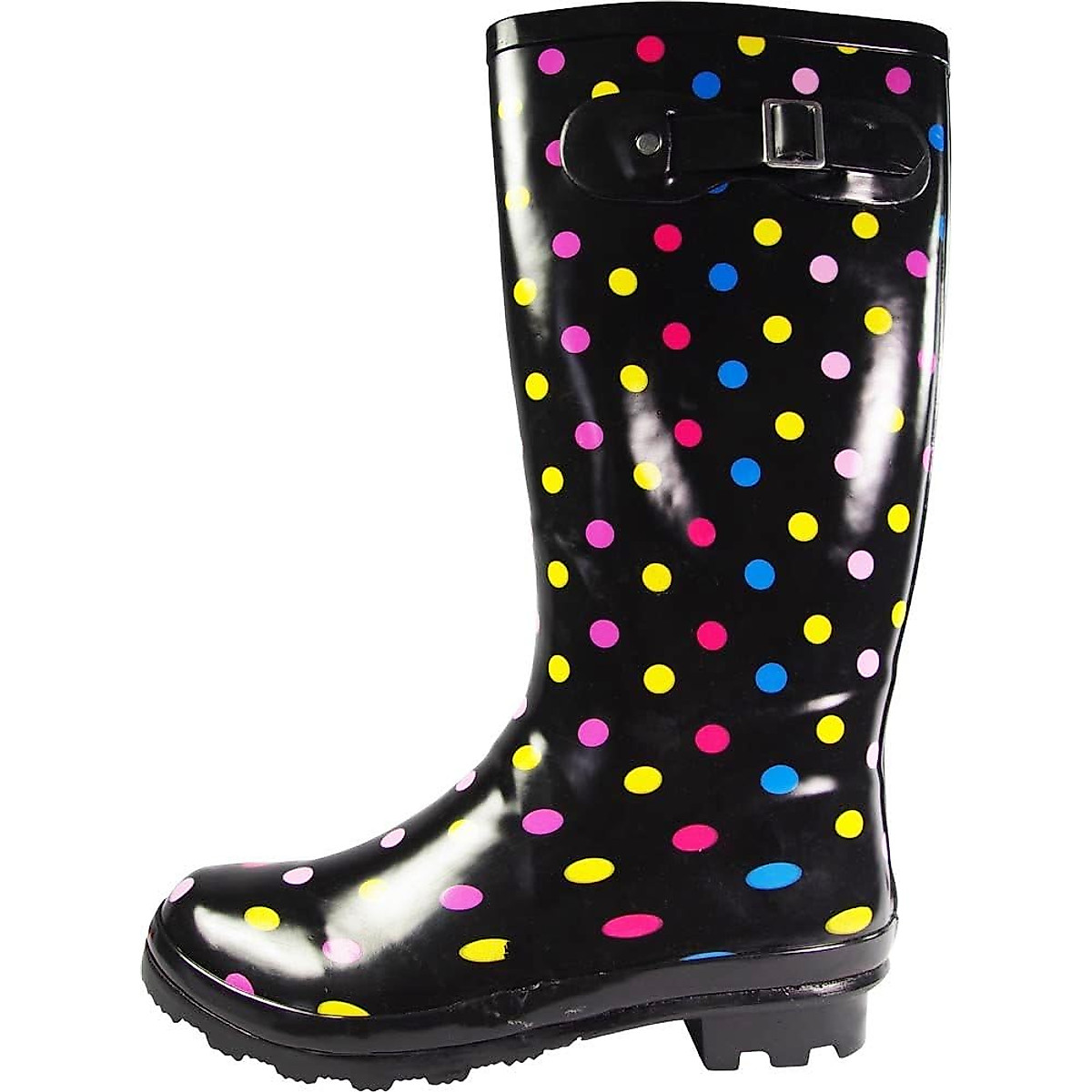 NORTY Women's Hurricane Rain Boots Knee High Calf Length - Glossy Matte Waterproof Rubber Tall Shoes - Multi Color Dot Size 9