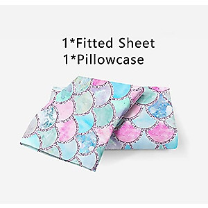 MUSOLEI Mermaid Fitted Sheet Set 3D Rainbow Scales Twin Girls Bedding Set 2PCS 1 Deep Pocket Fitted Sheet with 1 Pillowcases Wrinkle Free Cozy Microfiber(01,Twin)