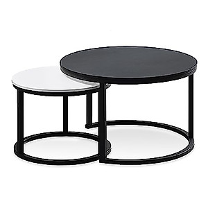 MASAKA B&W 27.5 Inch Round Wood Tables 2 Pack, Coffee Tables for Living Room Set of 2, Small Coffee Tables for Small Spaces, Center Table Modern Black with White