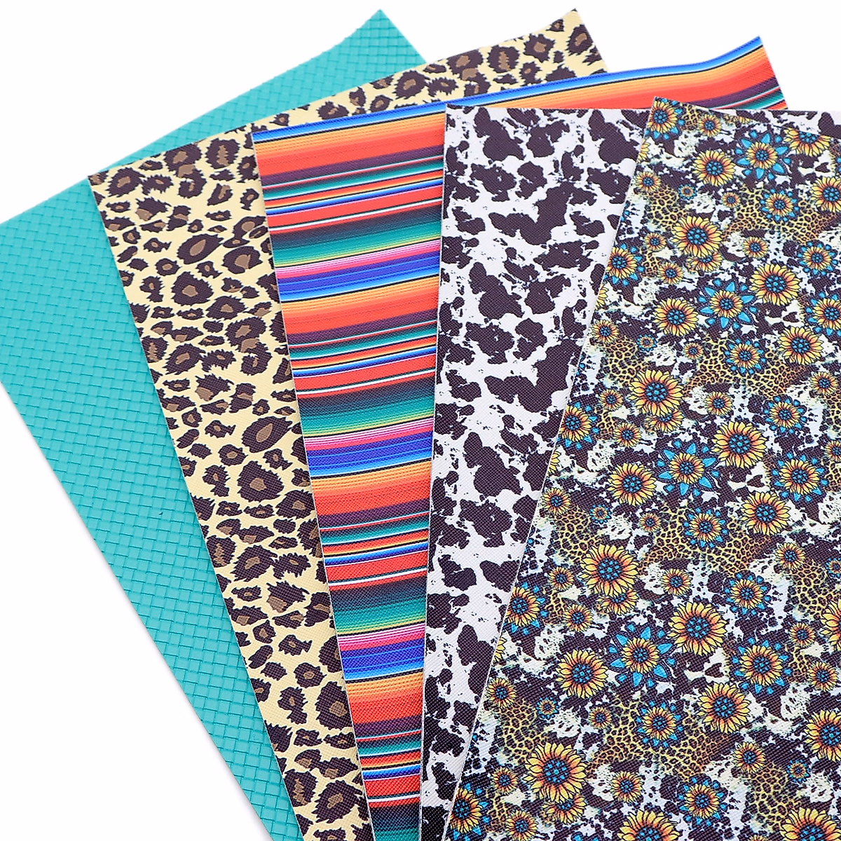 David accessories Cow Leopard Faux Leather Sheet 5pcs/Set 7.7" x 12.9"(20cm x 33cm) Sunflowers Stripe Mixed Synthetic Leather Sheets Bundles for Leather Earrings Bows Making (C)