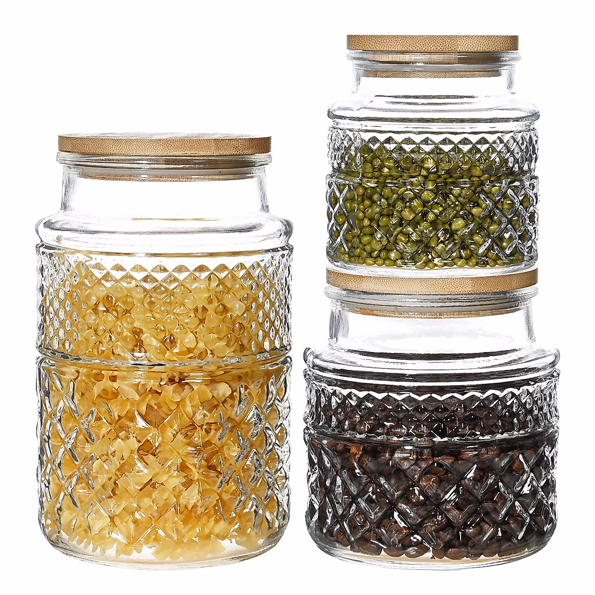 Glass Storage Jars, Kitchen Food Containers with Bamboo Lids, Airtight Embossed Mason Jar, Decorative Cereal Canisters for Candy Snack Cookies Coffee Tea Nuts Bean Countertop(Set of 3,20/40/60)