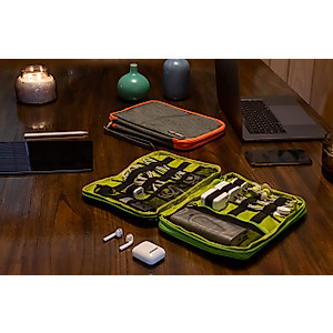 Three Layer Electronics Organizer and Travel Organizer for Tablet, Cables, and Chargers. Size XL Fit up to 10" Tablets. (Grey and Bright Orange)