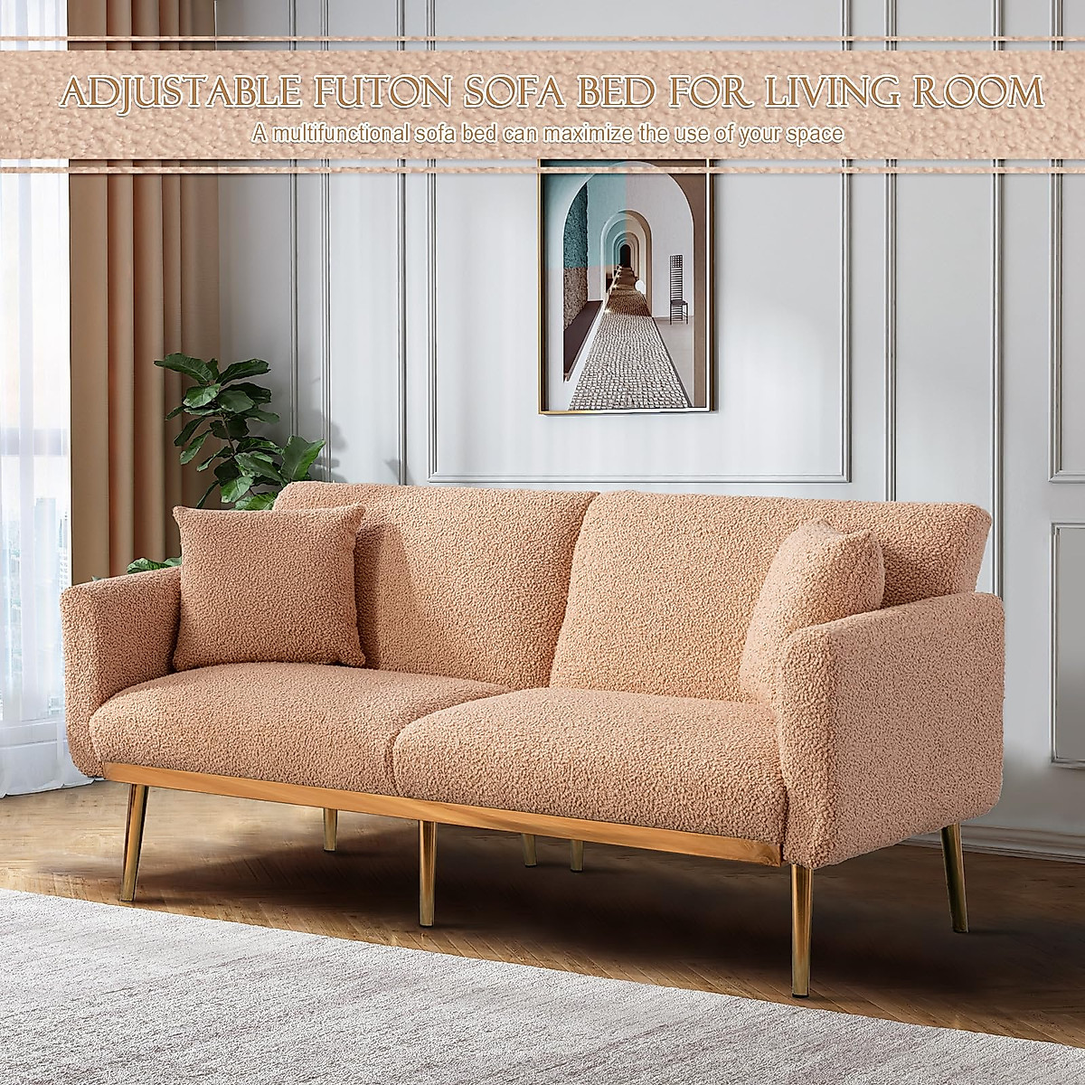 Convertible Futon Sofa Bed, Upholstered Loveseat Sleeper Couch with 3 Reclining Angles and 2 Pillows, Modern Living Room Sofa Couch with 5 Solid Metal Legs for Guest Room, Office, Camel Teddy