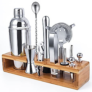 Bartender Kit,Cocktail Shaker Set,Bar Mixing Set with 24oz Stainless Steel and Bamboo Stand, Bar Set with Recipe by Bournis