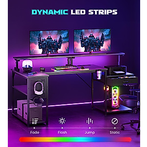 DOMICON Computer Desk 72" L Shaped Desk with Power Outlets, Gaming Desk with LED Lights & Long Adjustable Monitor Stand, Corner Desk with Storage, Cup Holder & Headset Hooks (Black Carbon Fiber)