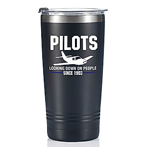Onebttl Pilot Gifts For Men, Male, Him - Pilot Looking Down on People Since 1903-20oz/590ml Stainless Steel Insulated Tumbler with Lid, Message Card - Aviation, Airplane Gifts for Aviator - (Black)