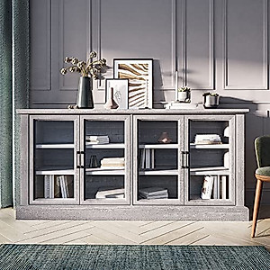 BELLEZE 70 Inch Sideboard Buffet Cabinet, Entertainment Center with Storage, Glass Display Cabinet with Adjustable Shelves Console Table Storage Cabinet for Living Room, Dining Room, Stone Gray