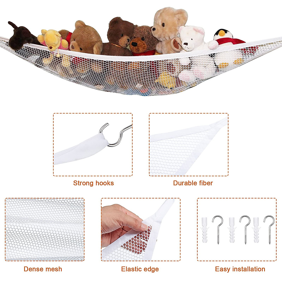 Storage Hammock Nets Toy Net Holder Stuffed Animal Hammocks Toy Mesh Hammock Jumbo Wall Sling Corner Mesh Toy Organizer with Hooks for Bedroom Plush Toys (White)